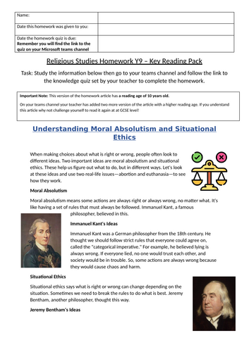 KS3 - Religious Studies/ Education (RS) - Homework activity - Reading ...