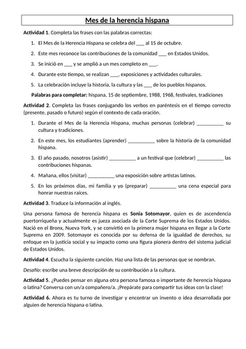 Spanish - A Level - Mes de la herencia hispana (15 Septiembre - 15 ...
