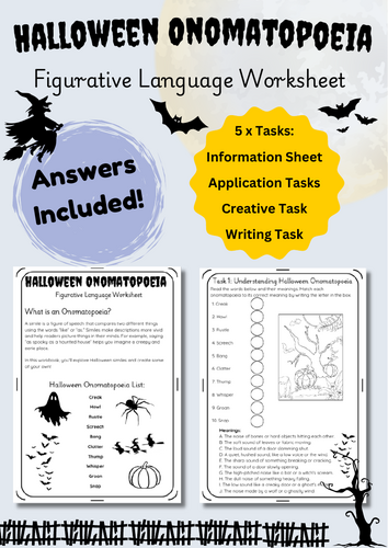 Halloween Onomatopoeia English Figurative Language Worksheet | Teaching ...