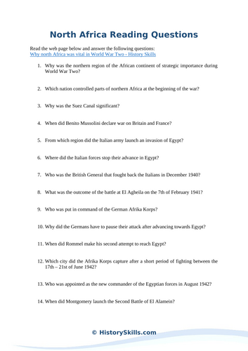 WWII North Africa Campaign Reading Questions Worksheet | Teaching Resources
