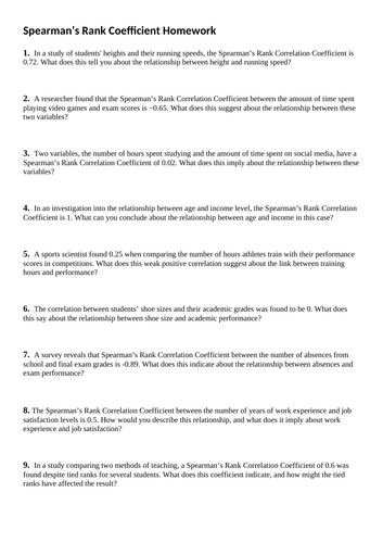 Interpret Spearmans Rank HW | Teaching Resources