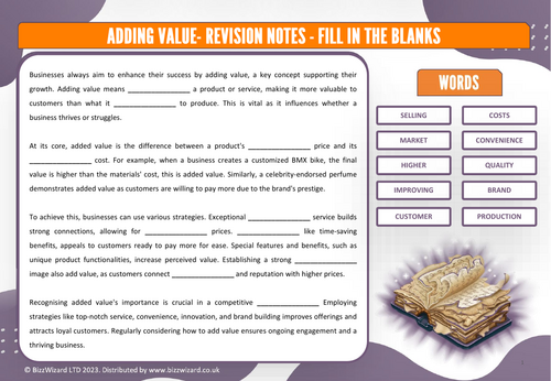 Adding Value - FREE Revision Word Fill & Youtube Video - GCSE Business ...