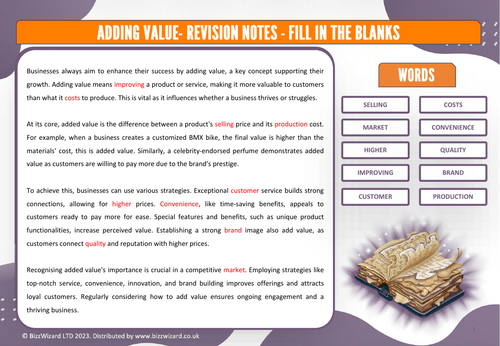 Adding Value - FREE Revision Word Fill & Youtube Video - GCSE Business Studies | Teaching Resources