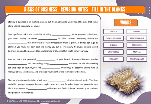 Risks of Enterprise - FREE Revision Word Fill & Youtube Video - GCSE ...