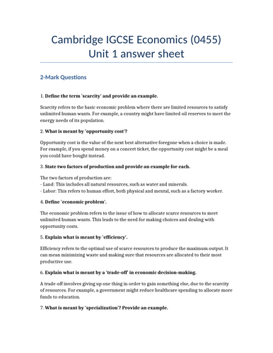GCSE Economics Unit 1 - Complete Unit Pack + Answer Pack (Exam based ...