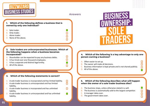 Business Ownership: Sole Traders - FREE Multiple-Choice Quiz & Youtube ...
