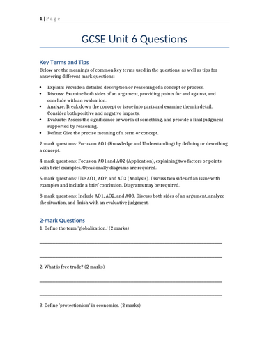GCSE Economics Unit 6 - Complete question and answer pack - Exam Format ...