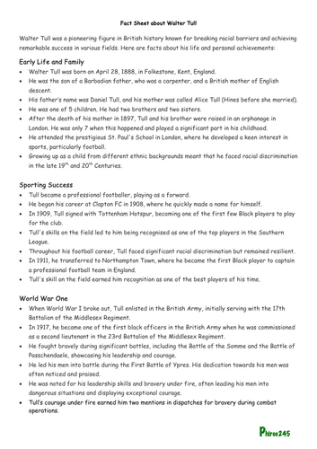 Black History - Walter Tull Fact Sheet and Scaffolding KS2 | Teaching ...