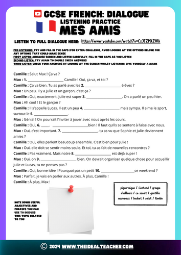 MES AMIS - NEW GCSE French Listening Practice Audio & Worksheet ...