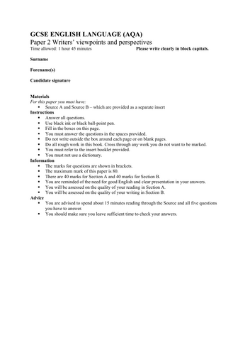 AQA GCSE English Language Paper 2 Practice Paper and Mark Scheme ...