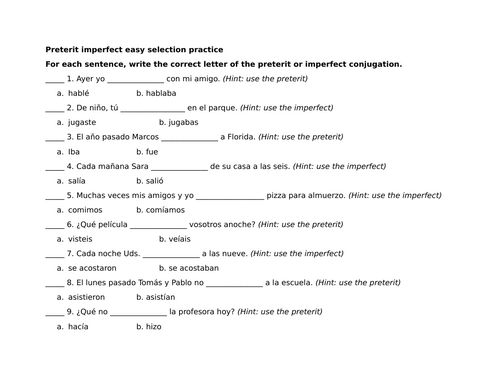 Preterit imperfect easy selection practice | Teaching Resources