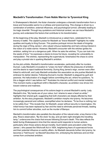 Model Essay: Macbeth's Role and Transformation (GCSE English ...