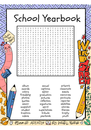 School Yearbook word search puzzle worksheet activity | Teaching Resources