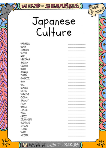 Japanese Culture word scramble puzzle worksheet activity | Teaching ...