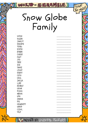 Snow Globe Family word scramble puzzle worksheet activity | Teaching ...