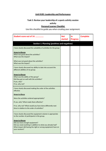 Sports Studies - Unit R185 - Performance and Leadership - Student ...