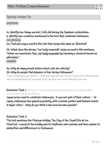 Halloween Reading Comprehension: Spooky Goings On KS3 | Teaching Resources