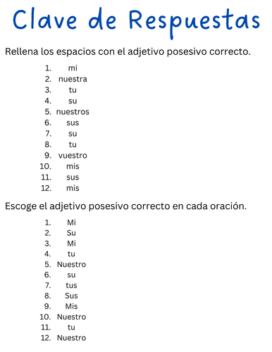 Ejercicios de Adjetivos Posesivos - possessive adjectives in spanish ...