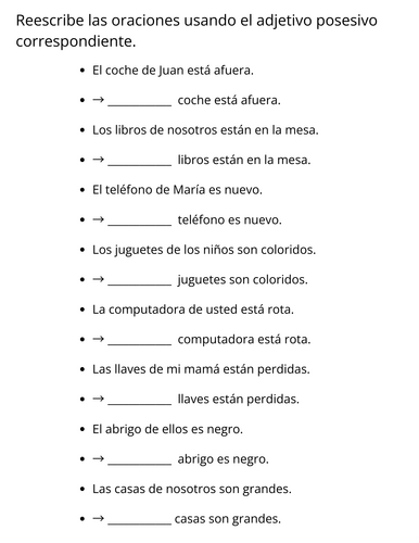 Ejercicios de Adjetivos Posesivos - possessive adjectives in spanish ...