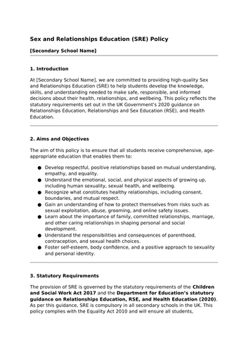 Model Sex and Relationships Policy (RSE Policy) | Teaching Resources