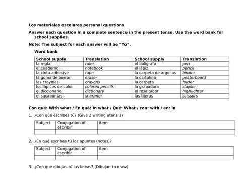 Los materiales escolares personal questions | Teaching Resources