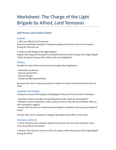 Worksheet: The Charge of the Light Brigade AQA | Teaching Resources