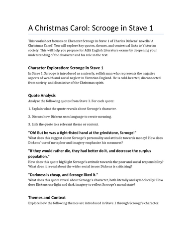 Character of Scrooge in Stave 1 | Teaching Resources