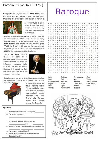 Baroque Music Cover Worksheet | Teaching Resources