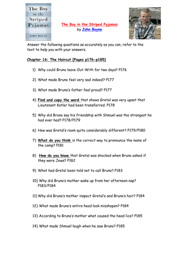 The Boy in the Striped Pyjamas Comprehension [Chapter 16] | Teaching ...