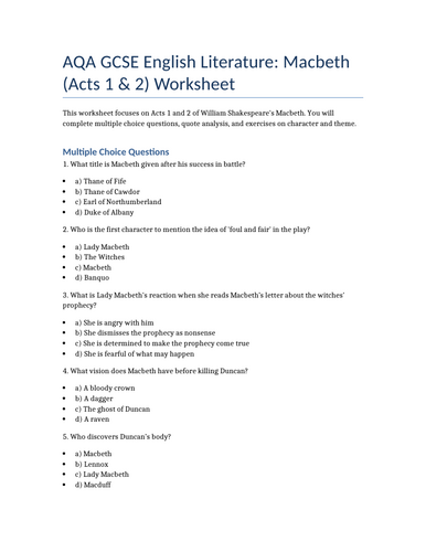 Worksheet: Macbeth Act 1 and 2 | Teaching Resources