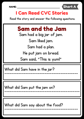 Short A CVC Decodable Short Stories worksheets with Questions ...