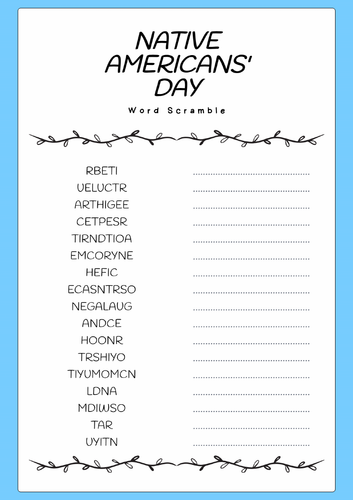 Native Americans' Day word scramble puzzle worksheet Activity ...