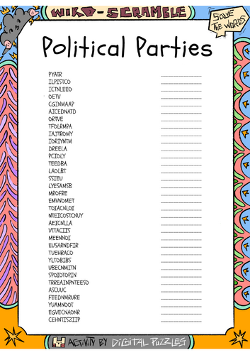 Political Parties word scramble puzzle Worksheet activity | Teaching ...