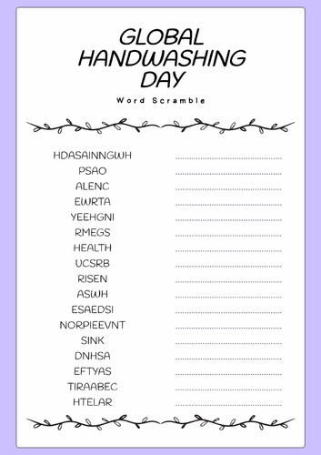 Global Handwashing Day word scramble puzzle worksheet Activity ...