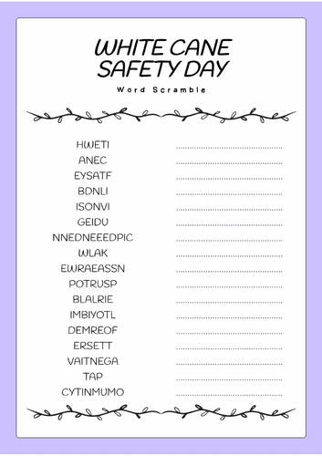 White Cane Safety Day word scramble puzzle worksheet Activity ...