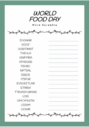 World Food Day word scramble puzzle worksheet Activity | Teaching Resources