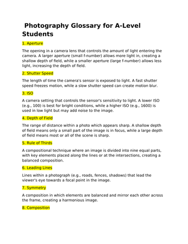Photography Analysis Framework & Glossary (Photo Literacy) | Teaching ...