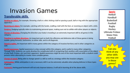 Invasion Games - Resource cards (transferable skills) | Teaching Resources