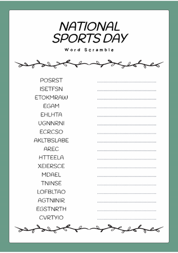 National Sports Day word scramble puzzle worksheet Activity | Teaching ...