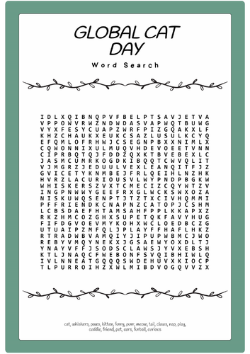 Global Cat Day word search puzzle worksheet Activity | Teaching Resources