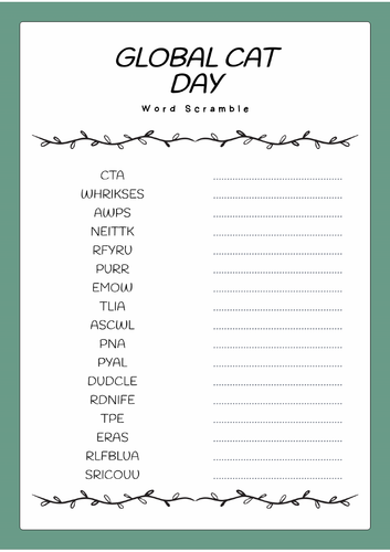 Global Cat Day word scramble puzzle worksheet Activity | Teaching Resources