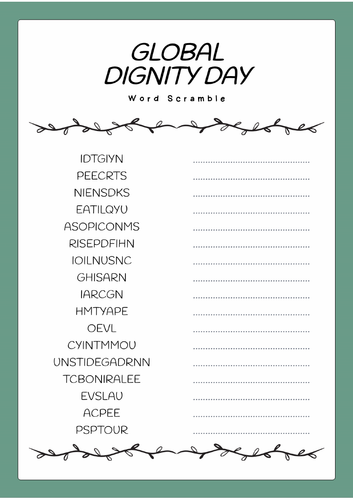Global Dignity Day word scramble puzzle worksheet Activity | Teaching ...