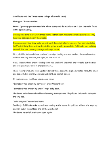 Traditional Tales: Goldilocks Writing Unit – 20 Fully Planned English ...