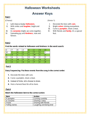 "A Kind Halloween" Song Worksheets with Answer Keys - Fun & Educational ...
