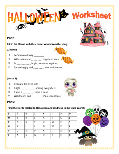 "A Kind Halloween" Song Worksheets with Answer Keys - Fun & Educational ...