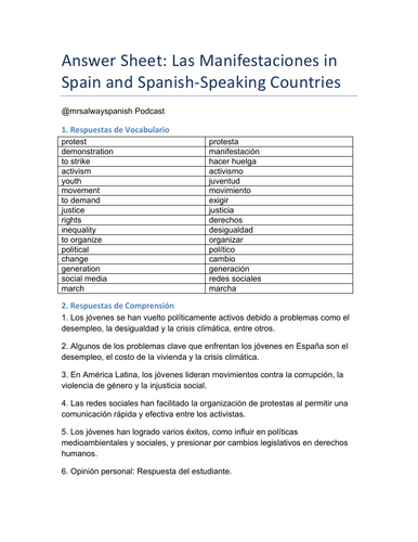 Podcast Worksheet: Las Manifestaciones: Youth Activism in Spain and ...