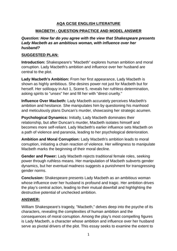 AQA GCSE English Literature - Macbeth - Model Answer - Is Lady Macbeth ...