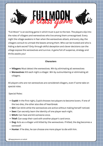 Fullmoon (werewolf): Class Game + Instructions & PowerPoint | Teaching ...