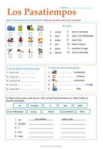 Spanish Free time and Hobbies - Los Pasatiempos Worksheets | Teaching ...