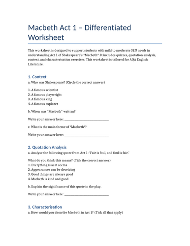 Macbeth ACT 1 Worksheet SEN Students | Teaching Resources